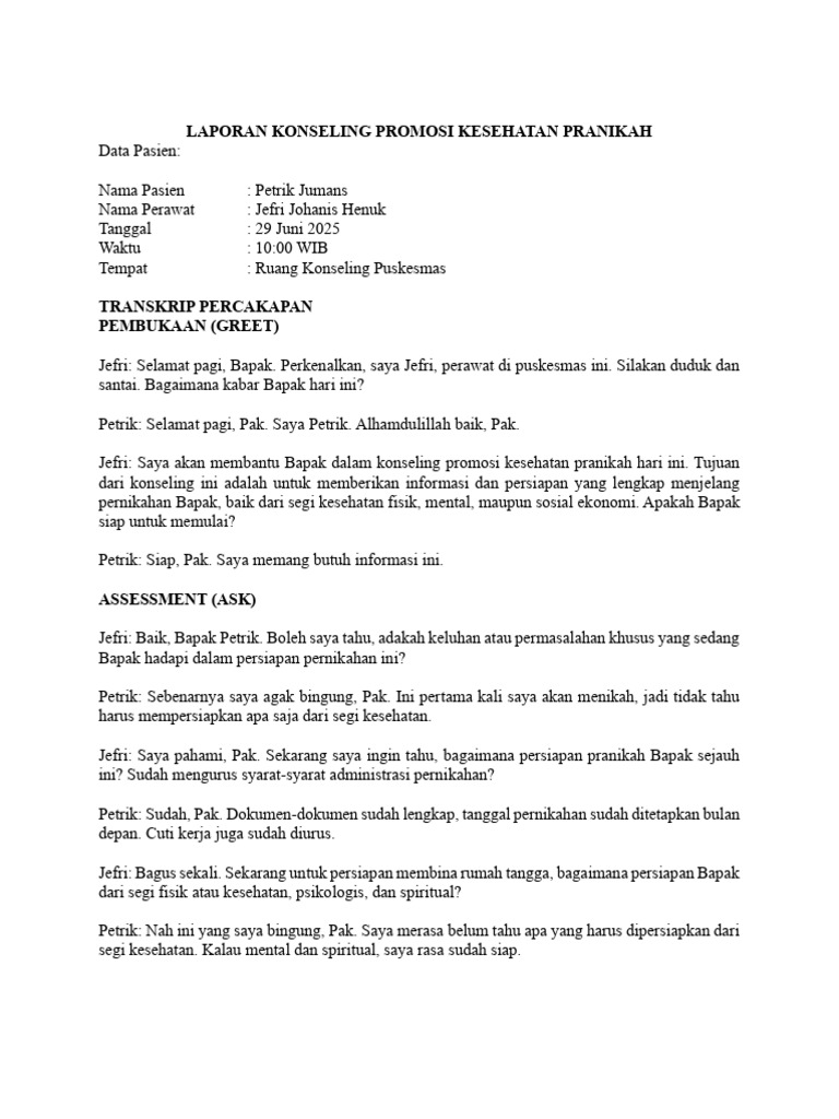 Laporan Konseling Promosi Kesehatan Pranikah | PDF
