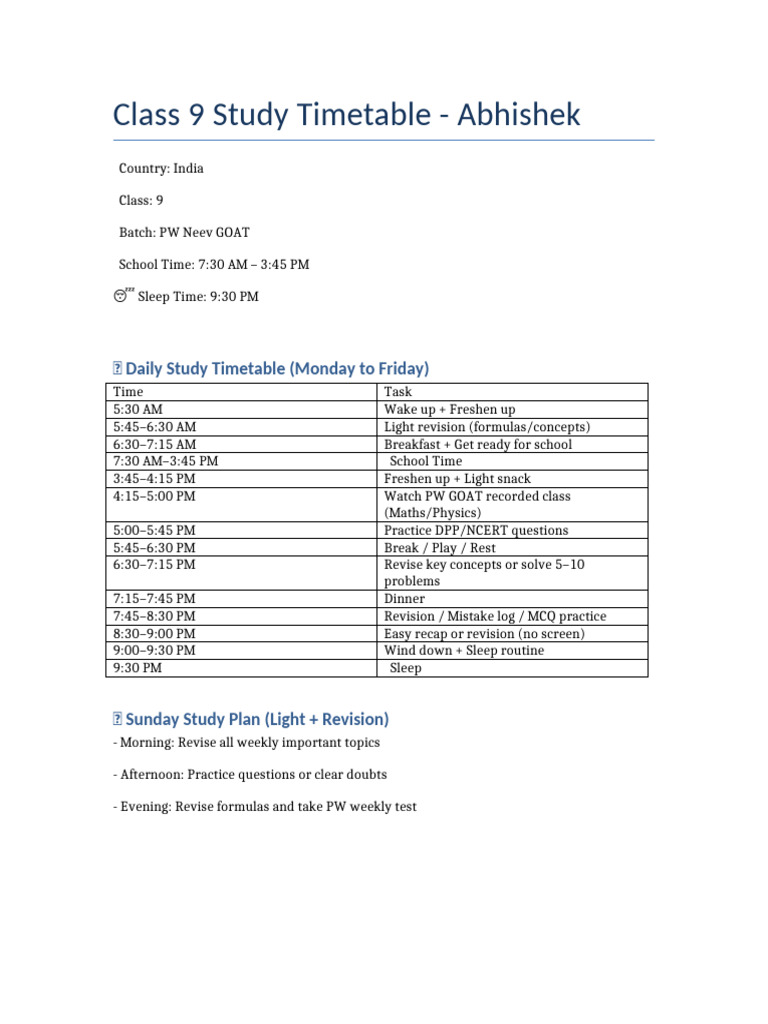 Class 9 Study Timetable Abhishek | PDF