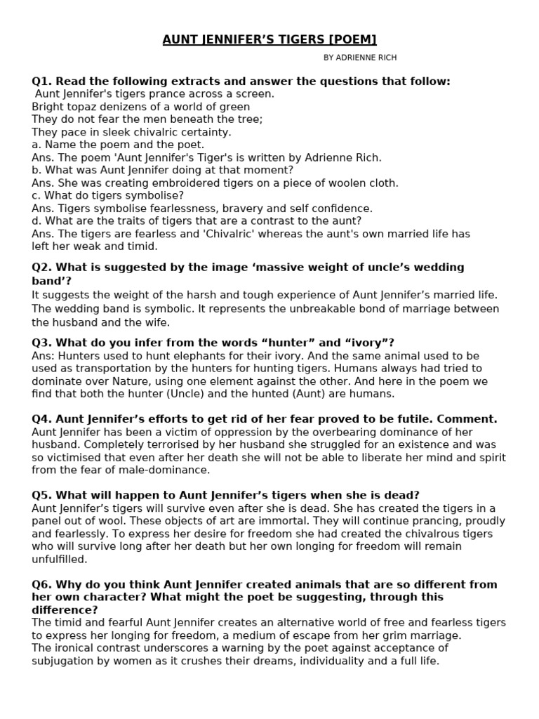 Aunt Jennifer's Tigers: Q&A Guide | PDF