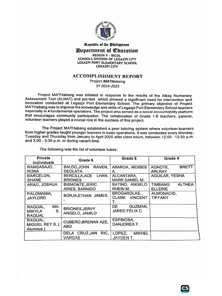Final - Accomplishment Report - Project MATHabang | PDF