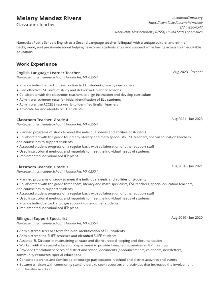 Melany Mendez Rivera - Classroom Teacher Resume | PDF | English As A ...