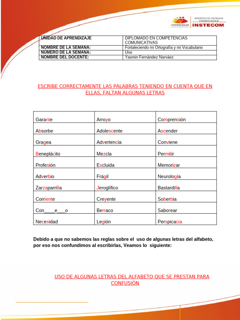 Semana Uno - Fortaleciendo Mi Ortografia y Mis Palabras | PDF ...