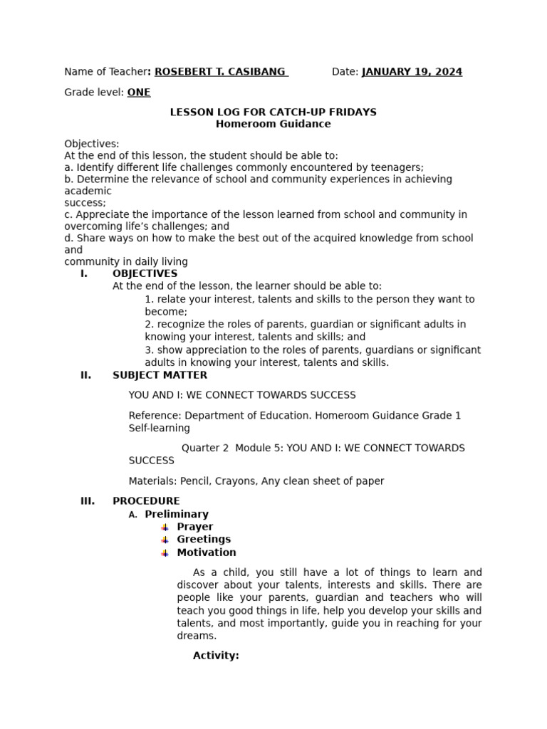 Grade 1 Homeroom Guidance Lesson Plan | PDF | Teachers | Behavior ...