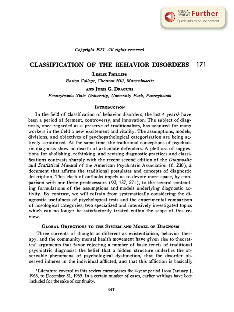 Phillips, 1971 CLASSIFICATION OF THE BEHAVIOR DISORDERS | PDF | Mental Disorder | Psychopathology