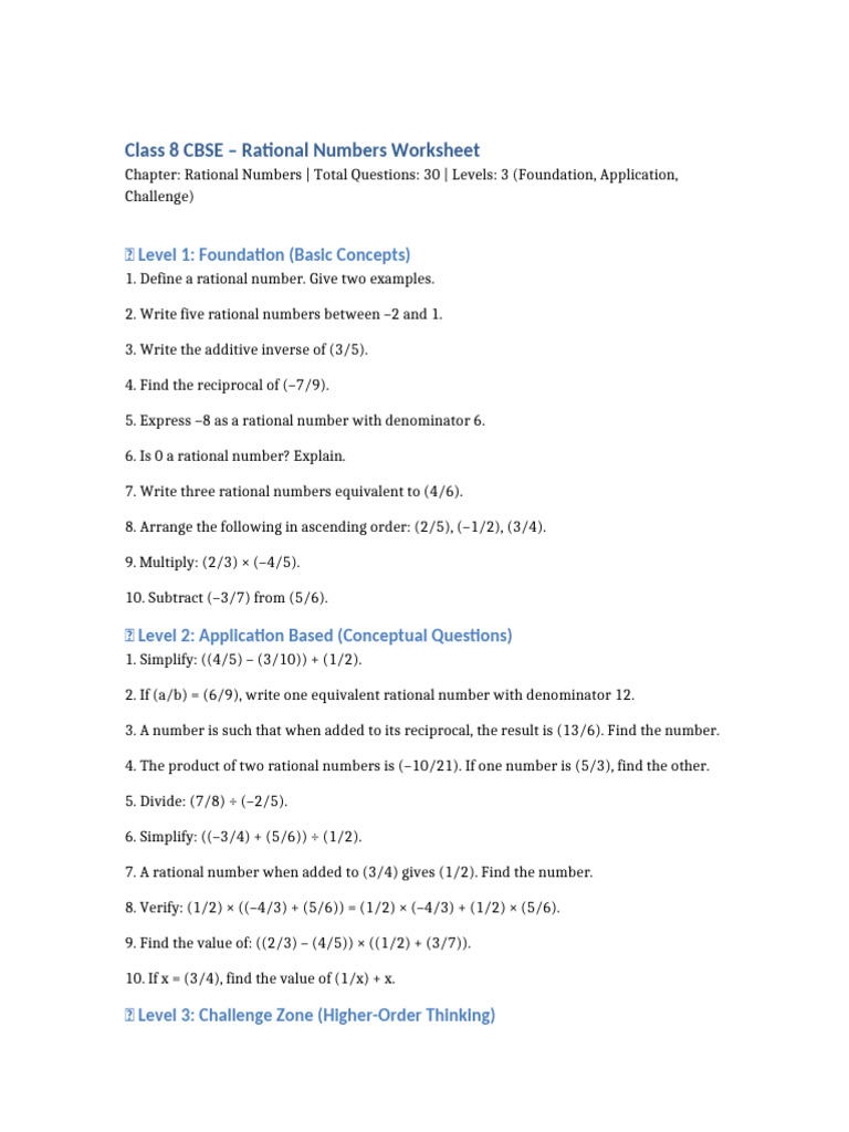 Class 8 CBSE Rational Numbers Worksheet Full | PDF