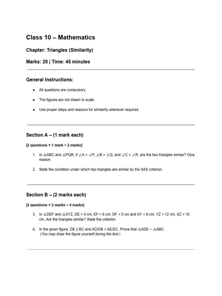 Class 10 Similarity of Triangles Worksheet | PDF