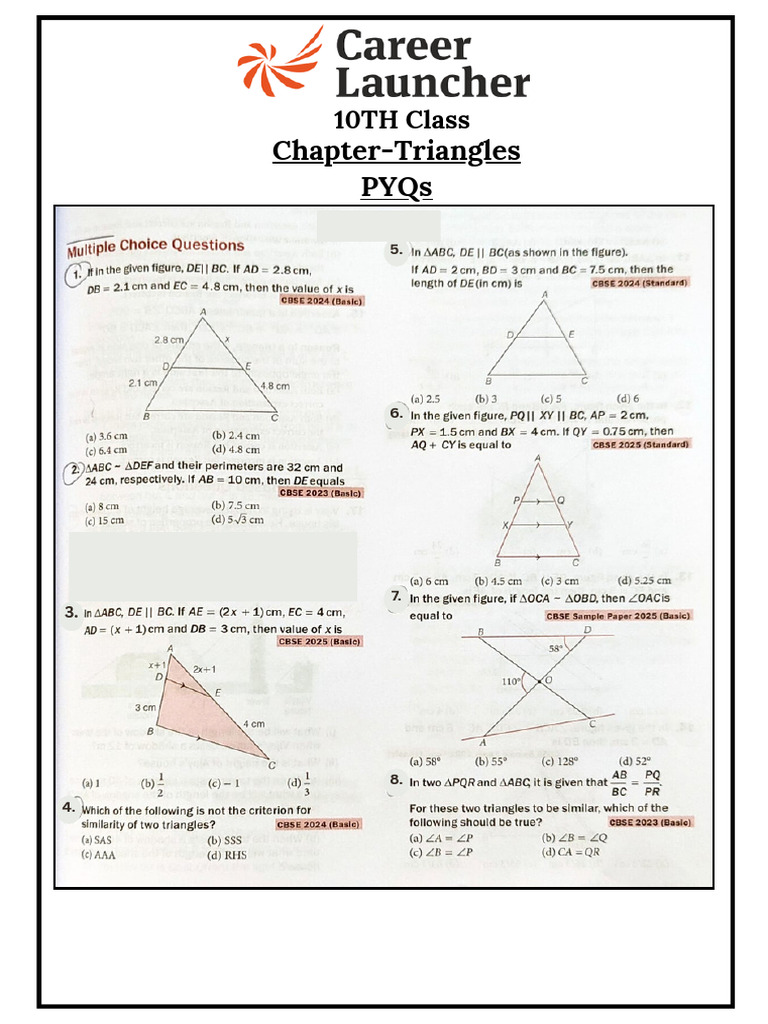 PYQs Class 10th Triangles | PDF