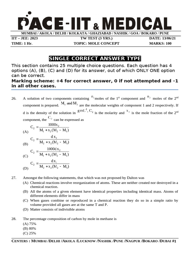 Mole Concept (Question Paper) | PDF | Mole (Unit) | Sodium Hydroxide