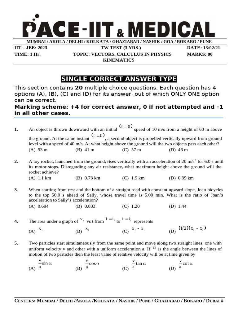 Vectors, Calculus in Physics & Kinematics (Question Paper) | PDF ...