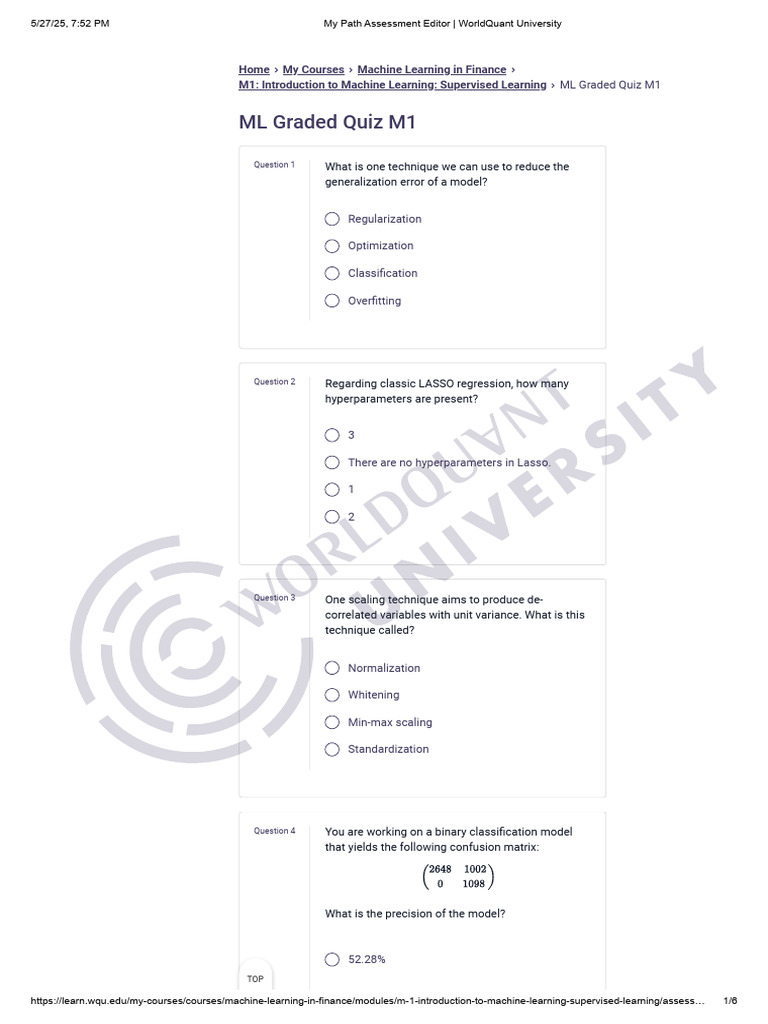 Graded My Path Assessment Editor - WorldQuant University | PDF | Regression Analysis | Machine ...