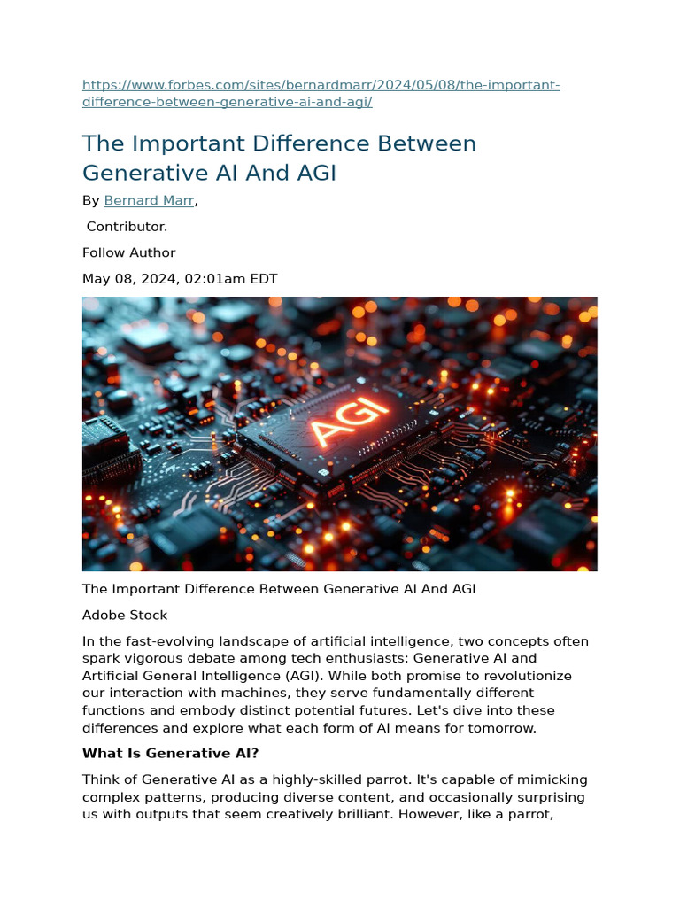 The Important Difference Between Generative AI and AGI - Forbes Article | PDF | Artificial ...