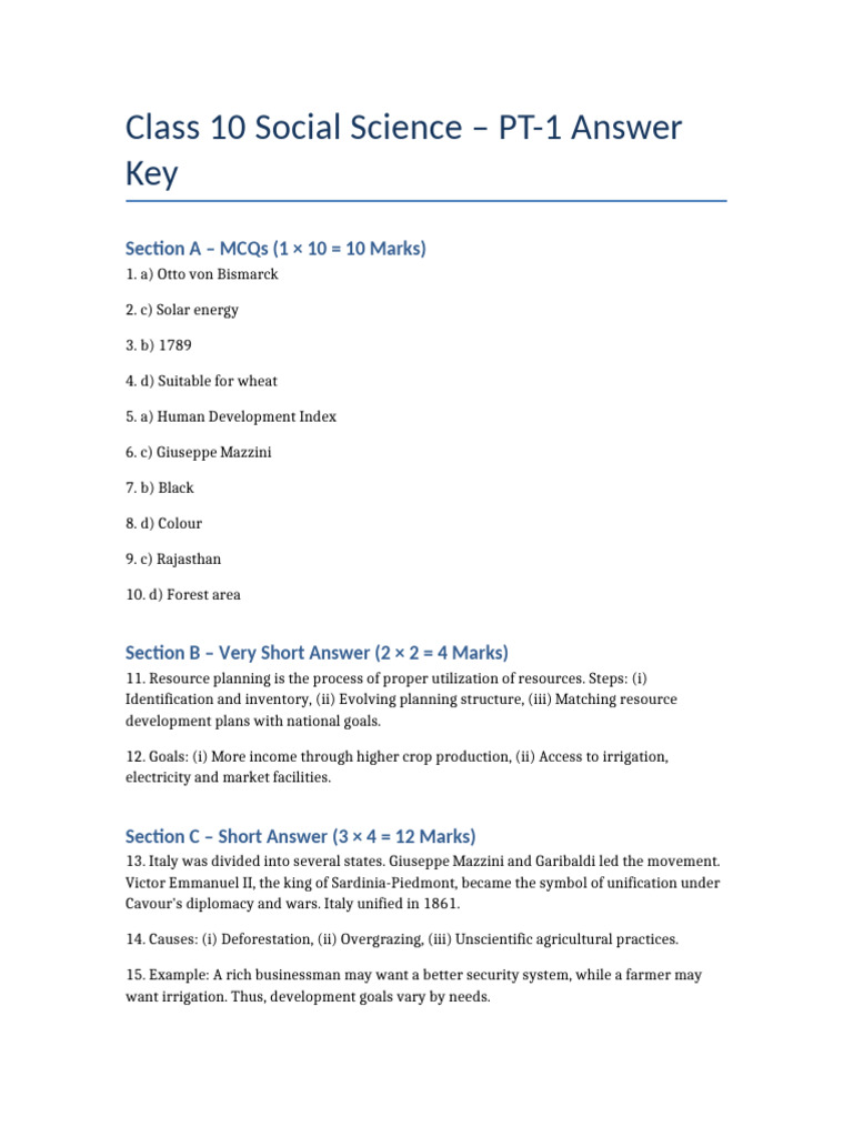 Class 10 SST PT1 Answer Key | PDF | Agriculture | Natural Environment