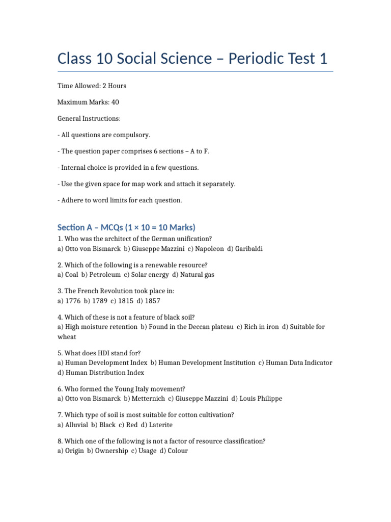 Class 10 SST PT1 Question Paper | PDF | Resource | Soil