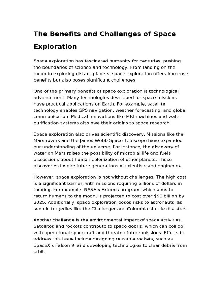 Benefits and Challenges of Space Exploration | PDF