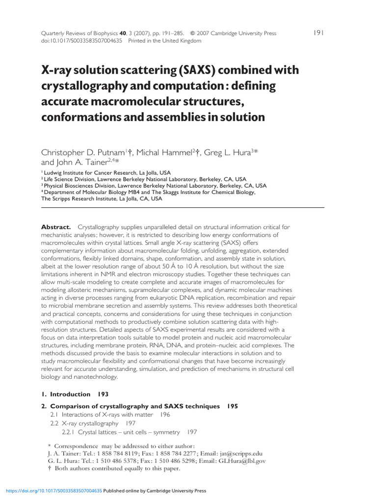 X Ray Solution Scattering Saxs Combined With Crystallography and ...