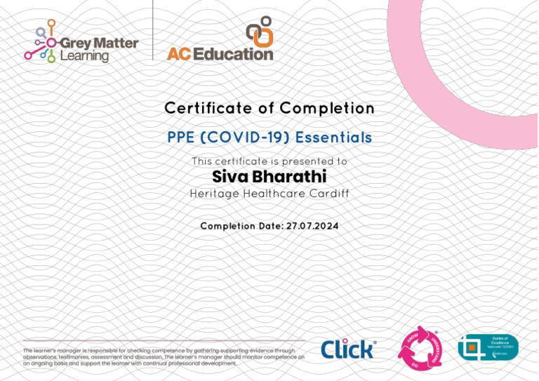 Certificate of Completion: PPE (COVID-19) Essentials | PDF