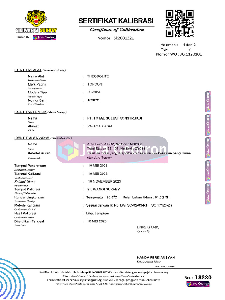 Sertifikat Kalibrasi Theodolite Pt. TSK 10052023 | PDF