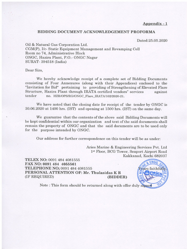 Appendix 1-Bid Document Acknowledgement | PDF