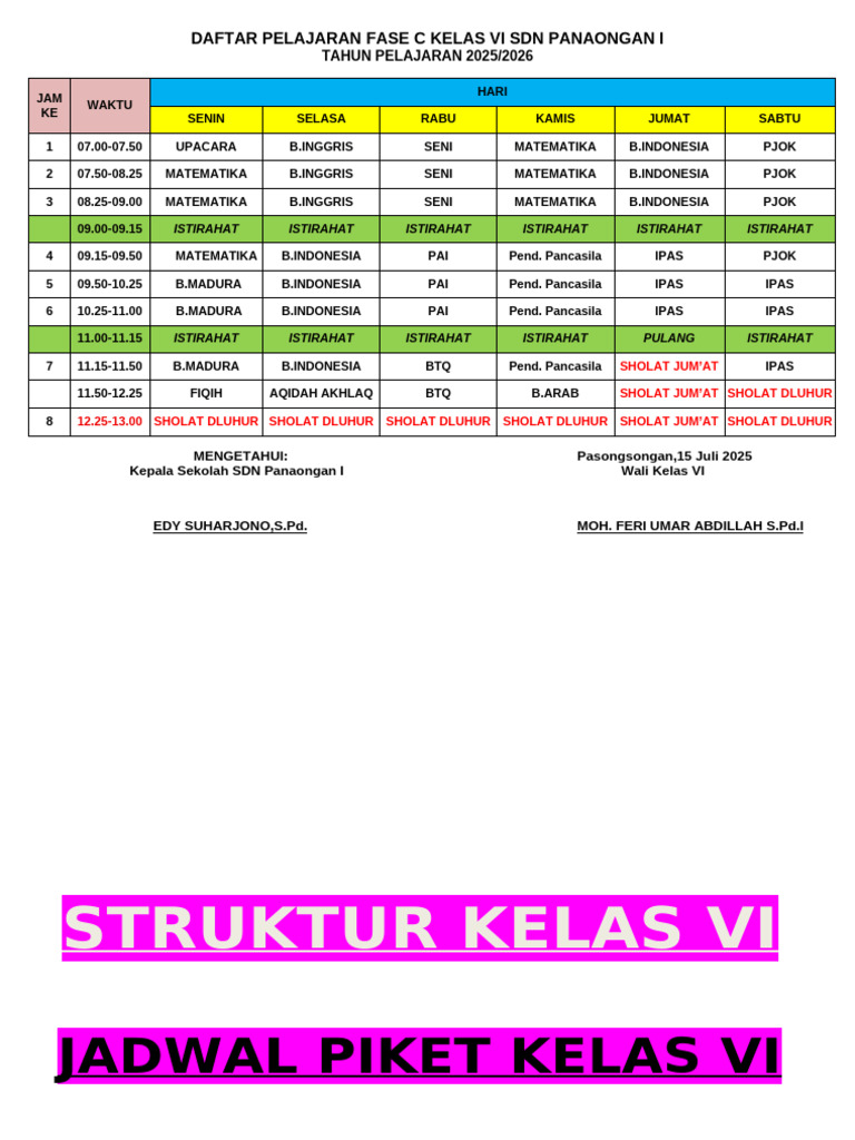 Jadwal Pelajaran Kelas 6 Kurikulum Merdeka 2025-2026 | PDF