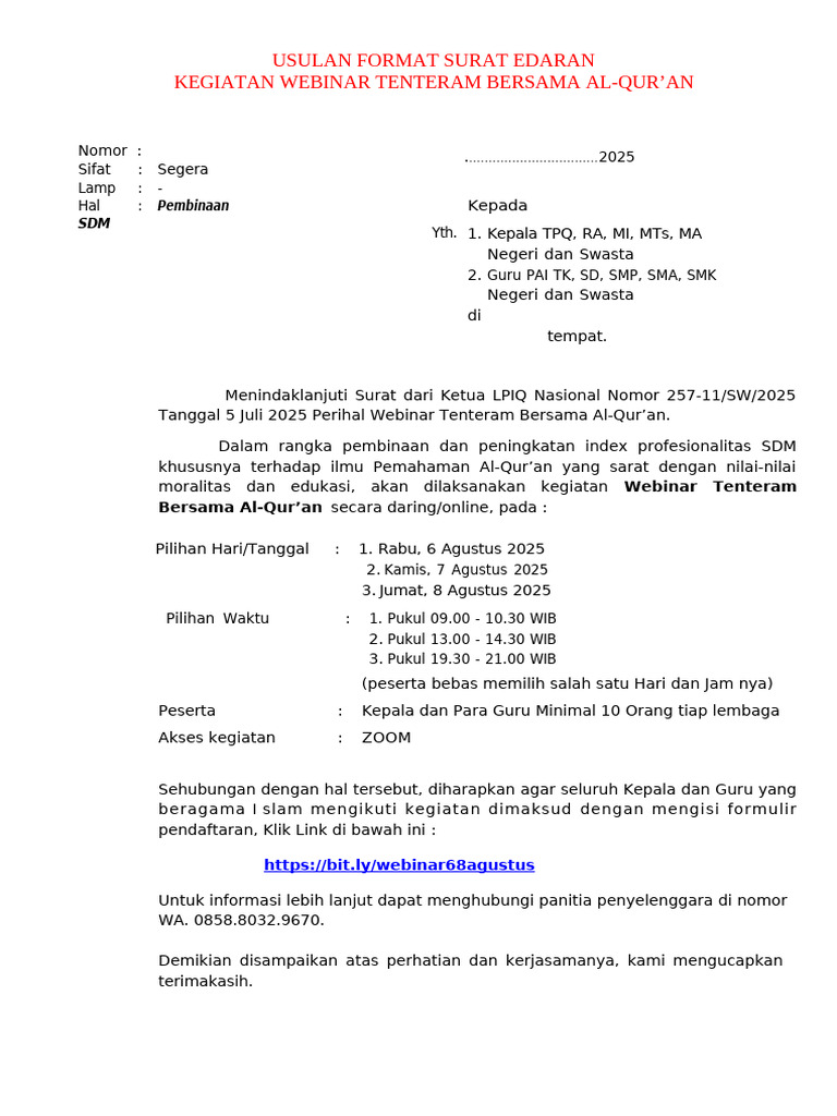 Usulan Format Surat Edaran Webinar Tenteram Bersama Al-Qur'an (Kemenag Kota Kab) | PDF