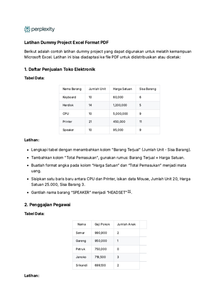 Soal Latihan Excel Untuk Dummy Project | PDF