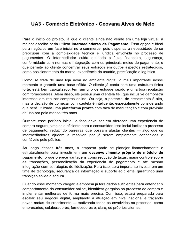 UA3 - Comércio Eletrônico - Geovana Alves de Melo | PDF | E-commerce | Business