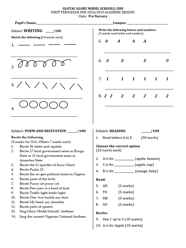 Pre Nursery First Term Exam 2024/2025 | PDF