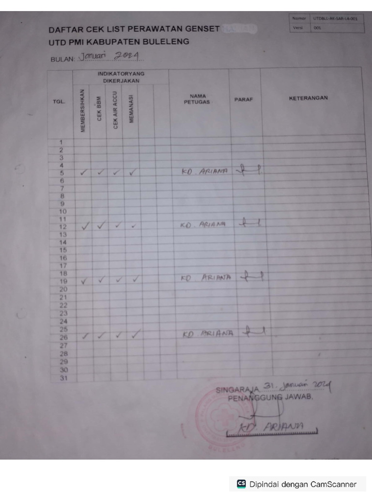 MFK 4.9.1.1 Daftar Cek List Perawatan Genset | PDF