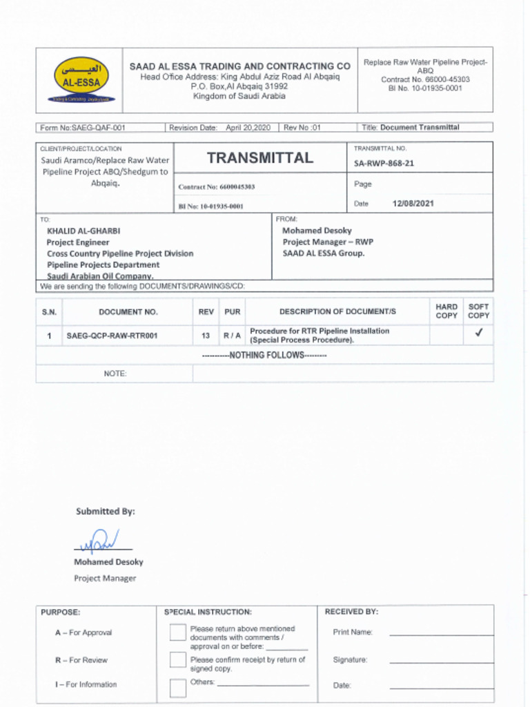 169 SA-RWP-868-21 Procedure For RTR Pipeline Installation Rev - 13 ...