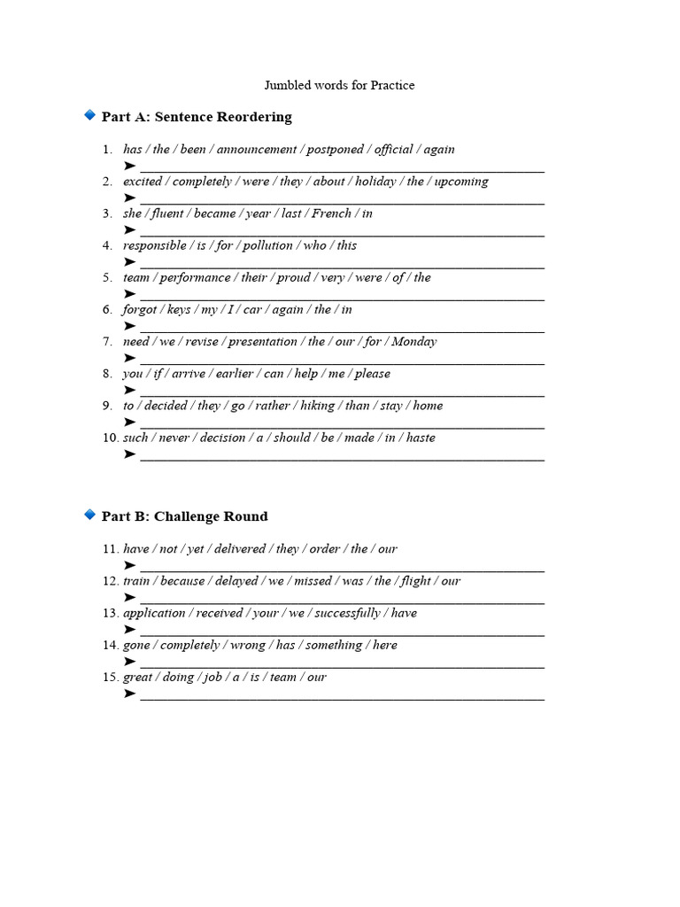 Jumbled Sentences Practice Worksheet | PDF