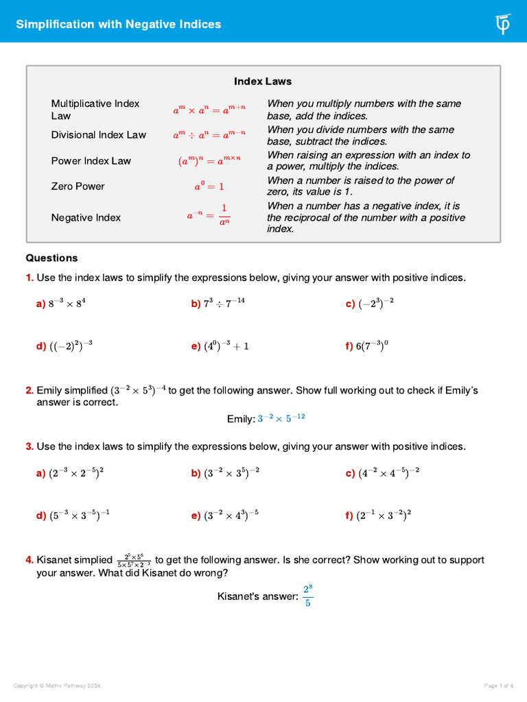 Simplifying Negative Indices | PDF | Equations | Multiplication