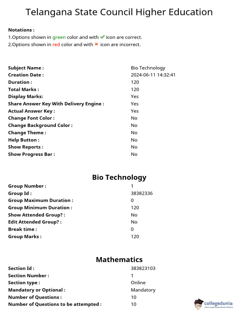 TS PGECET 2024 Biotechnology Question Paper | PDF | Multiple Choice ...