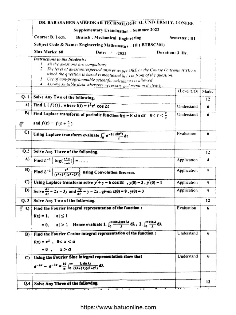 Btech Mech 3 Sem Engineering Mathematics 3 Btbsc301 Summer Solution 2022 | PDF