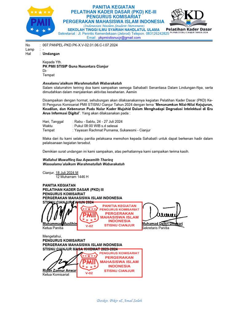 007 Undangan PKD III 2024 (PK PMII STISIP Guna Nusantara Cianjur) | PDF