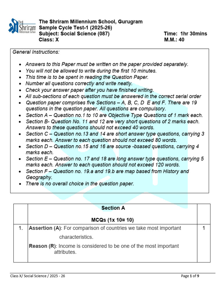 Class X Social Science Sample Test 2025-26 | PDF