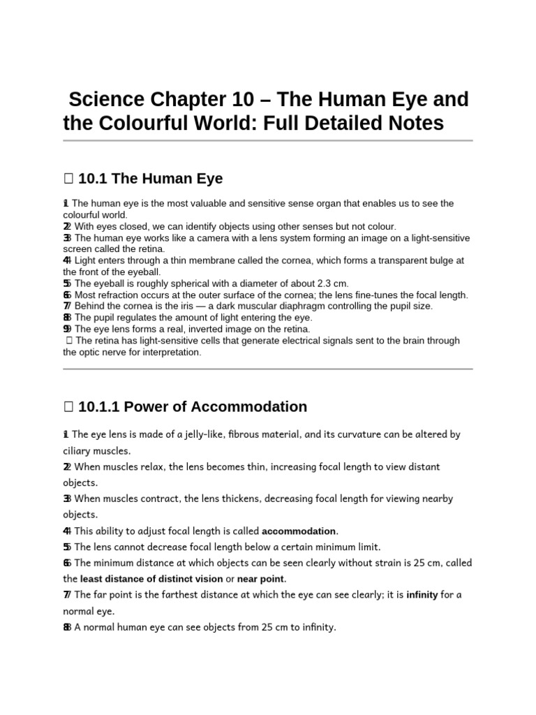 Human Eye and Colorful World Notes | PDF | Eye | Human Eye