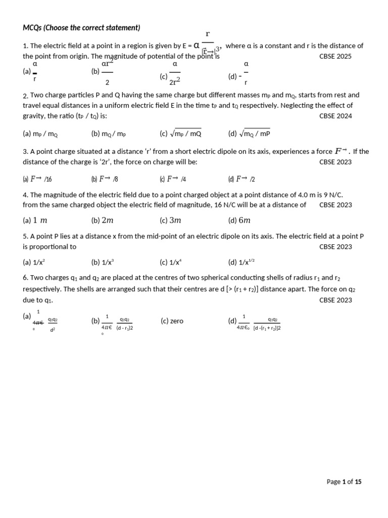 12 Physics Electric Charges and Fields Ws | PDF | Electric Field | Force