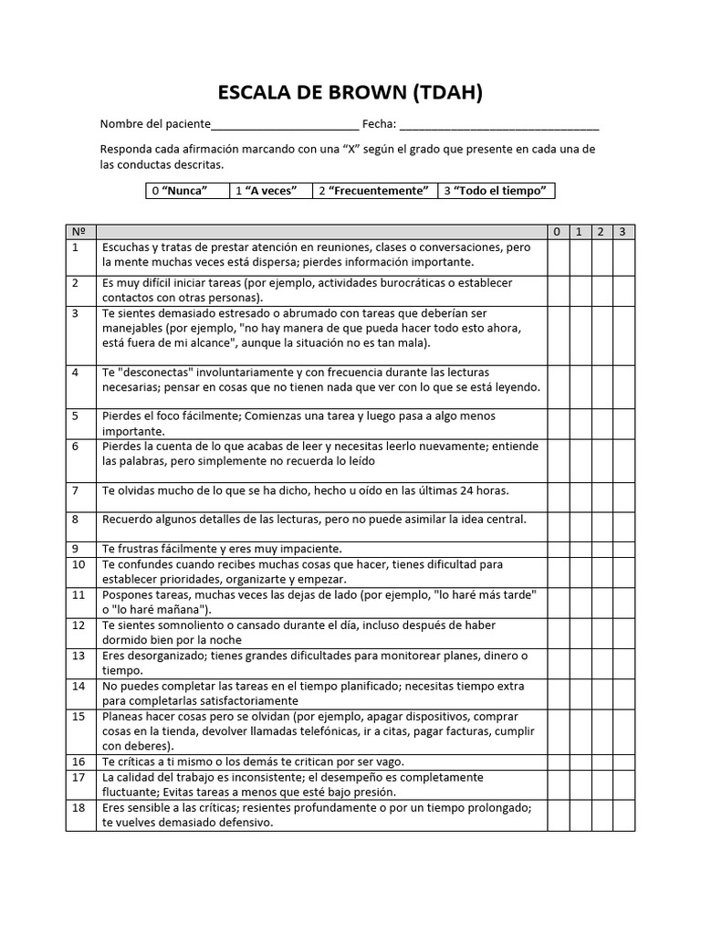Escala de Brown para TDAH en Adolescentes | PDF | Desorden hiperactivo ...