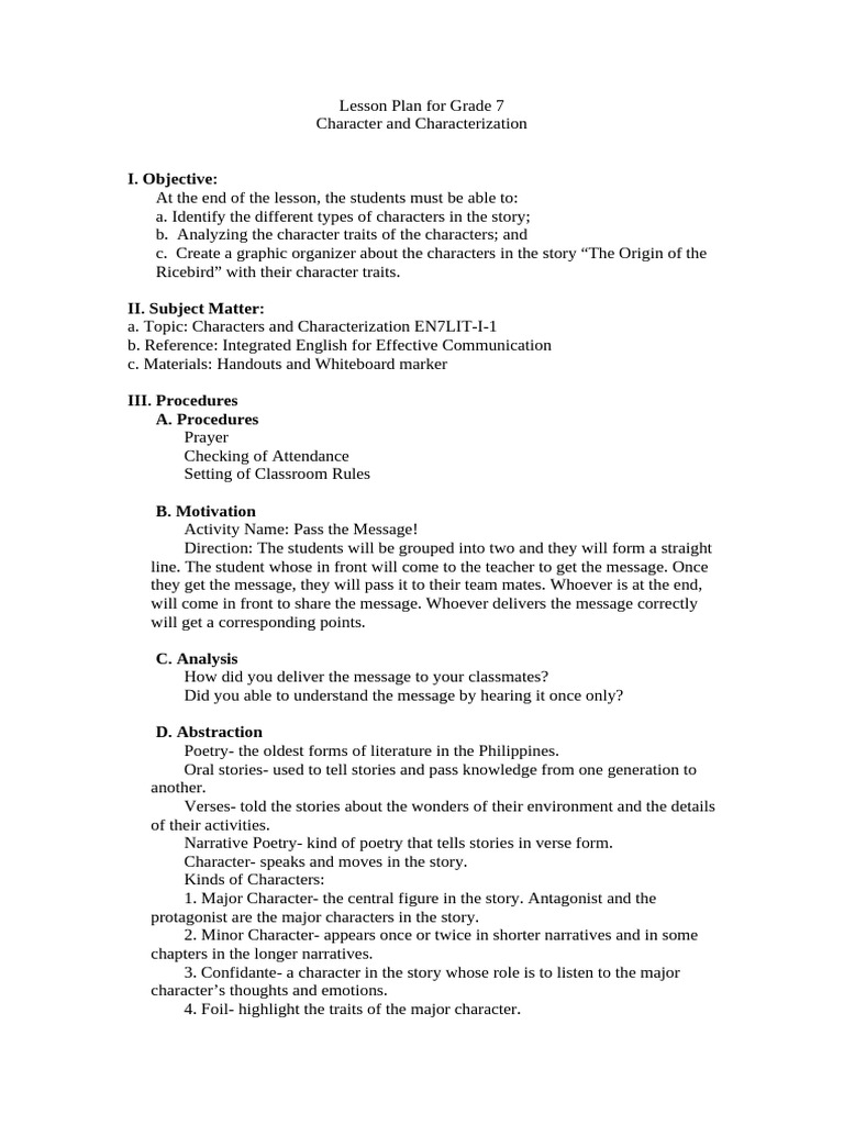 Lesson Plan For Grade 7 Character and Characterization | PDF ...