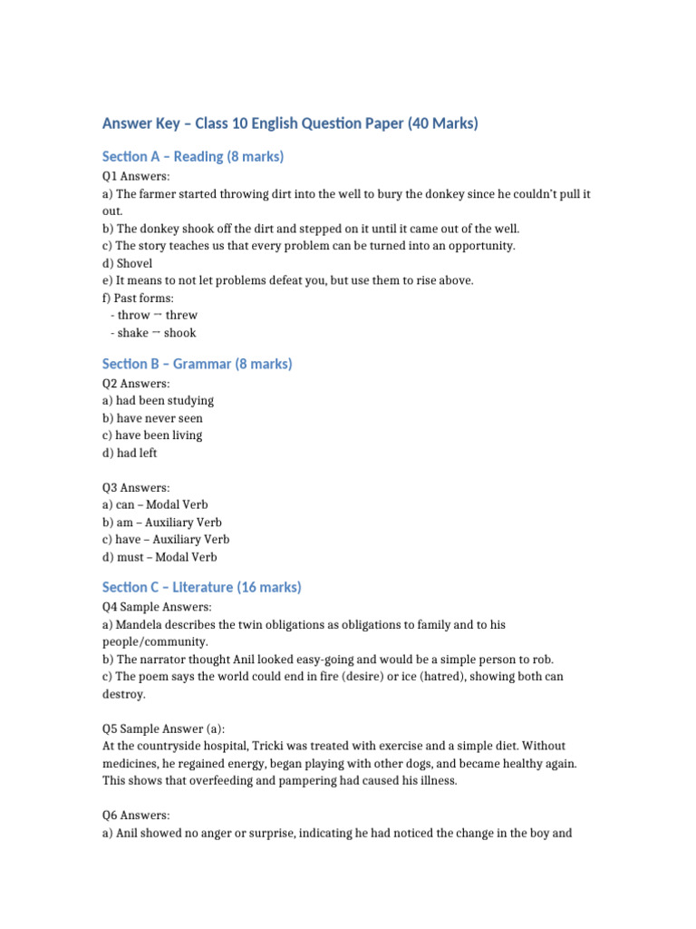 Answer Key Class 10 English 40 Marks | PDF
