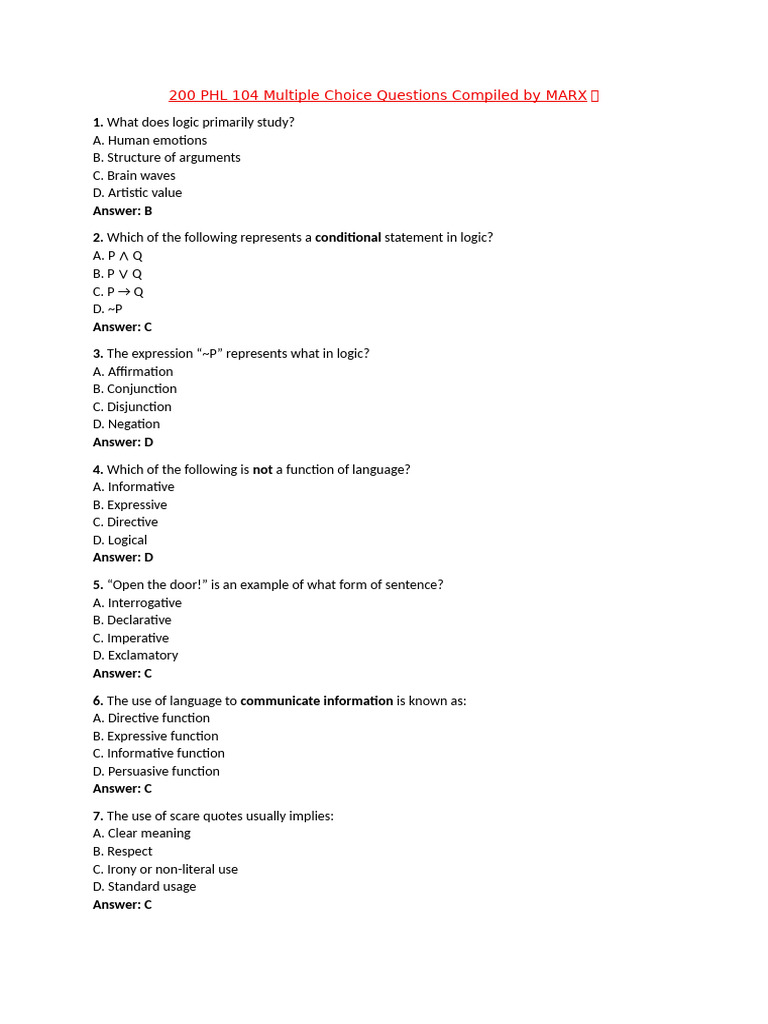 200 PHL 104 Multiple Choice Questions Compiled by MARX ? | PDF ...