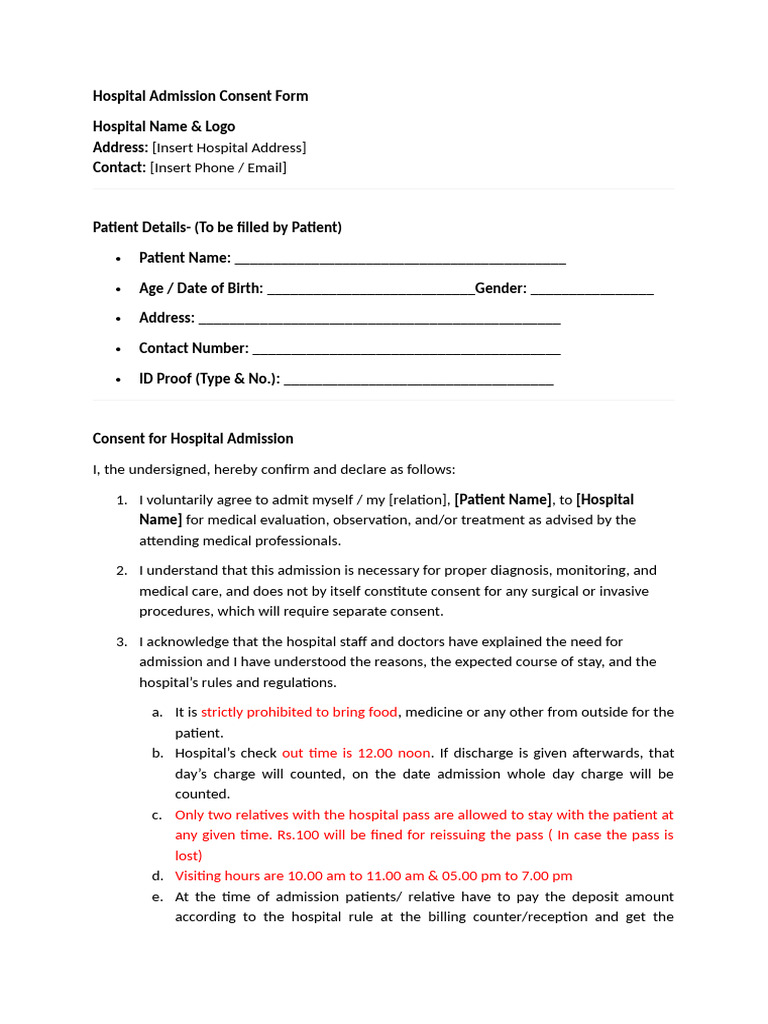 Hospital Admission Consent Form | PDF | Patient | Hospital
