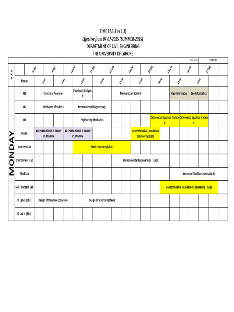 Civil Engineering Summer 2025 Timetable | PDF | Geotechnical ...