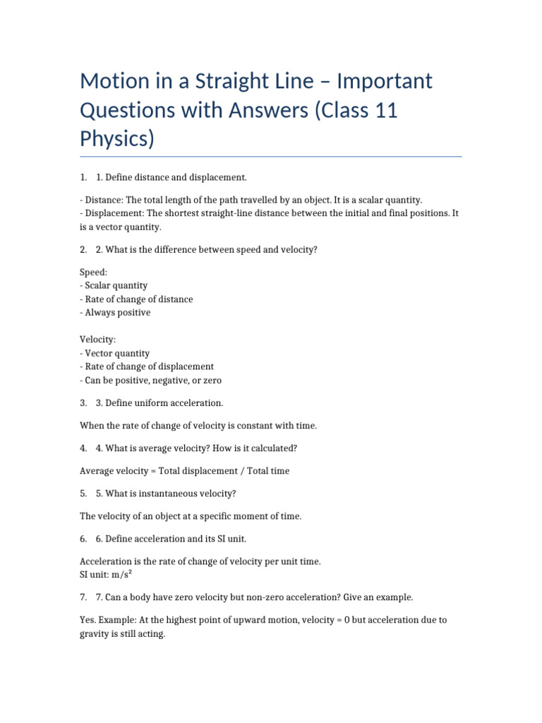 Motion Straight Line QnA | PDF | Velocity | Acceleration