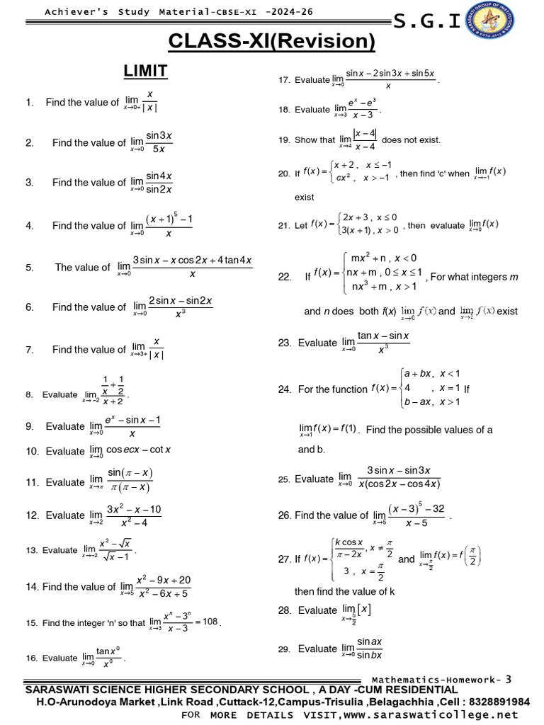 Cbse Xi Limit & Derivative Revision Sgi 2025 | PDF | Chess Theory | Chess