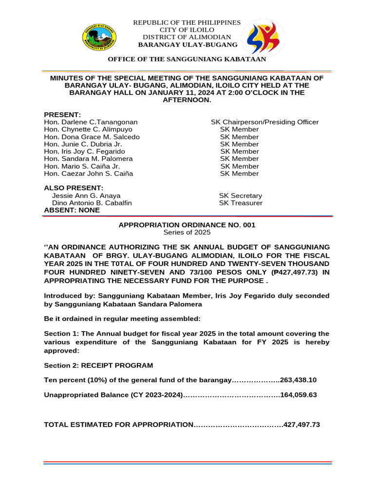 SK Appropriation Ordinance 2025 | PDF