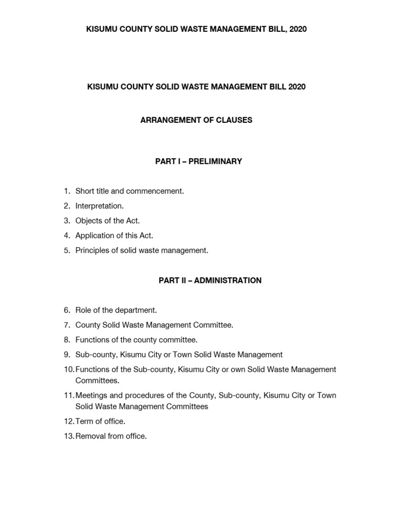 Kisumu County Waste Management Bill 2020 | PDF | Waste | Waste Management