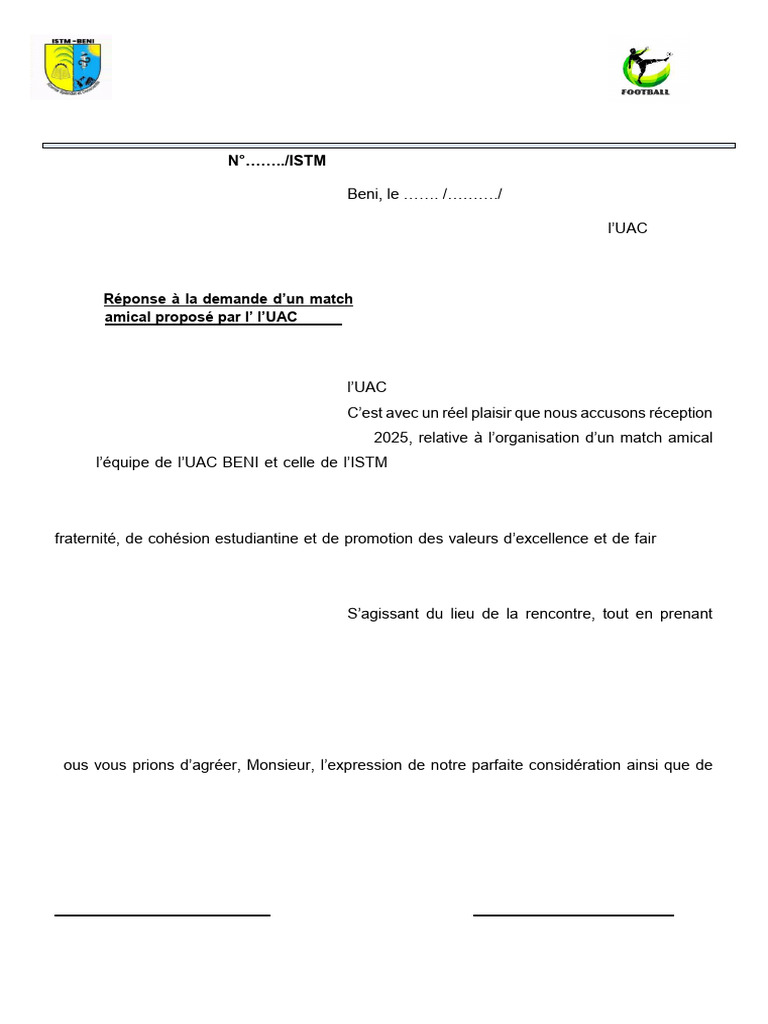 Accord pour match amical UAC-Beni | PDF