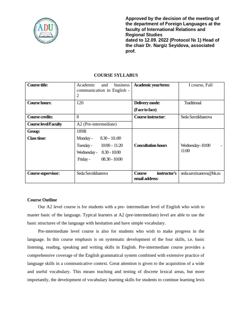 A2 English Communication Course Syllabus | PDF | Knowledge | Vocabulary