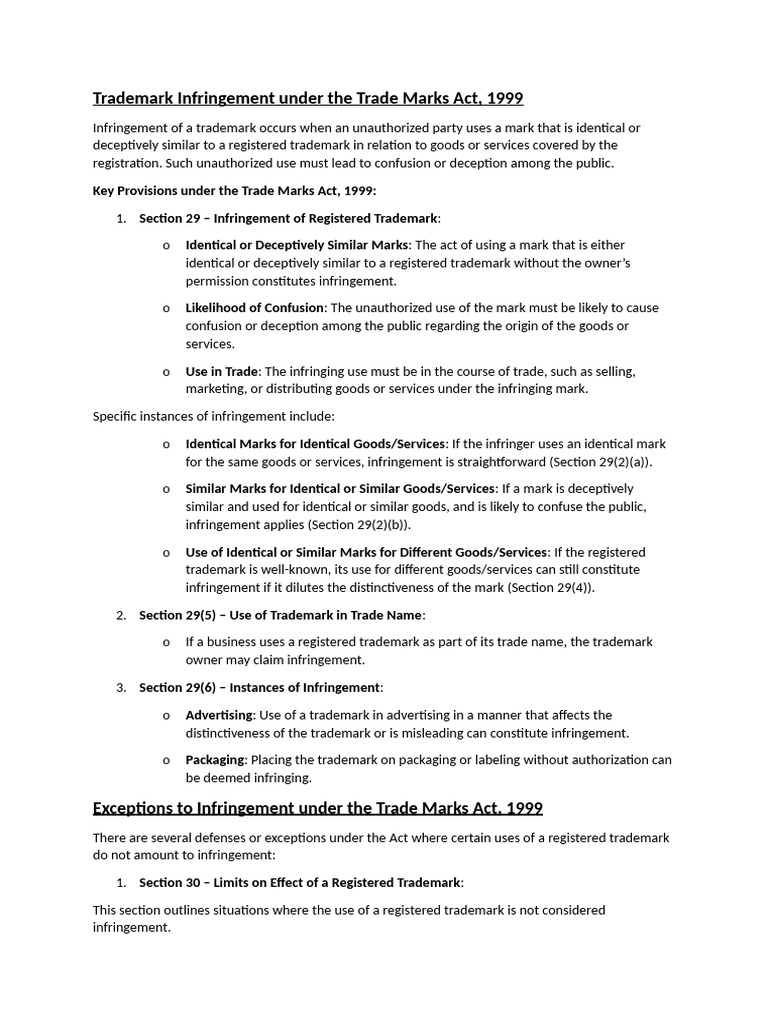 Trademark Infringement Under The Trade Marks Act | PDF | Trademark ...